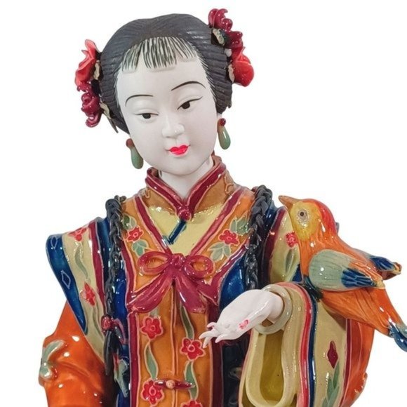 Handmade | Art | Vintage Chinese Wucai Shiwan Clay Pottery Woman Bird ...